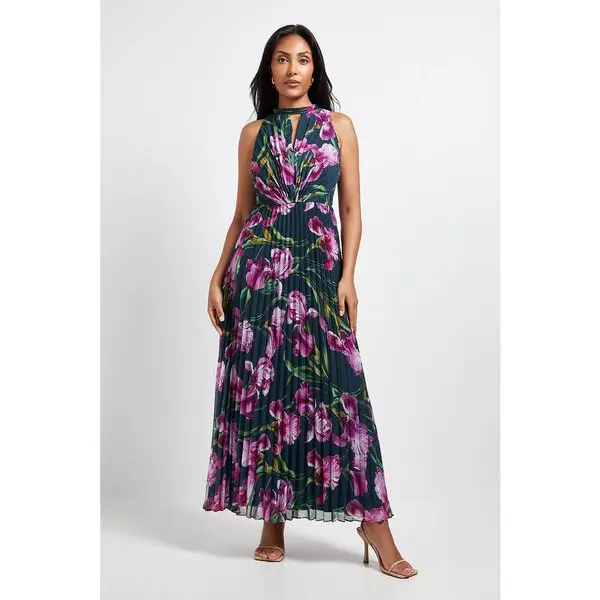 WALLIS Petite Floral Print Pleated Maxi Dress - Green