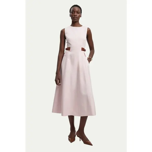 Karen Millen Fitted Belt Crew Neck Midi Dress - Blush