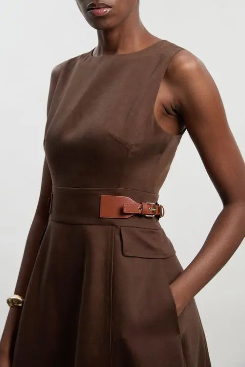 Karen Millen Fitted Belt Crew Neck Midi Dress - Chocolate