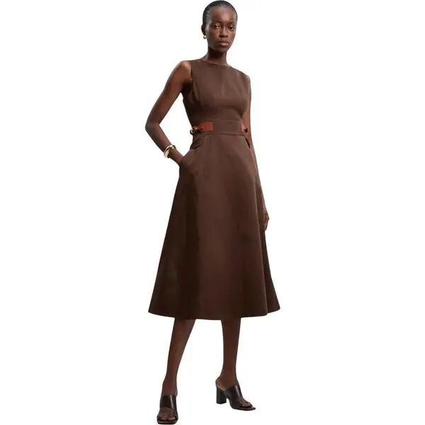 Karen Millen Fitted Belt Crew Neck Midi Dress - Chocolate