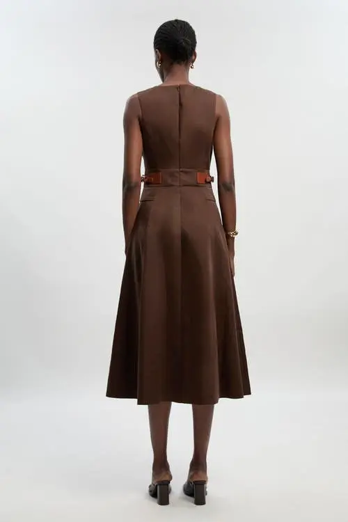 Karen Millen Fitted Belt Crew Neck Midi Dress - Chocolate