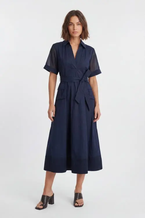 Karen Millen Utility Short Sleeve Organdie Midi Dress - Navy