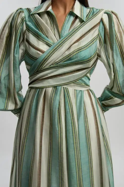 karen millen wrap shirt dress Karen Millen Forever Stripe Cotton Poplin Drama Sleeve Woven Wrap Detail Shirt Dress in Navy
