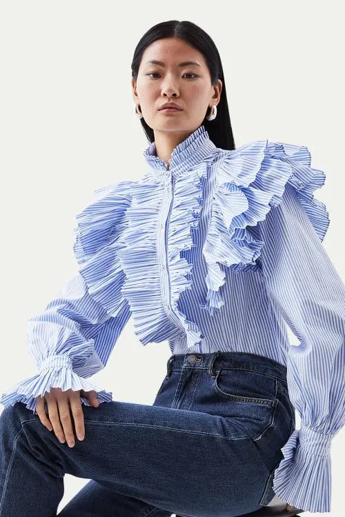 Karen Millen Striped Ruffle High Neck Shirt - Stripe