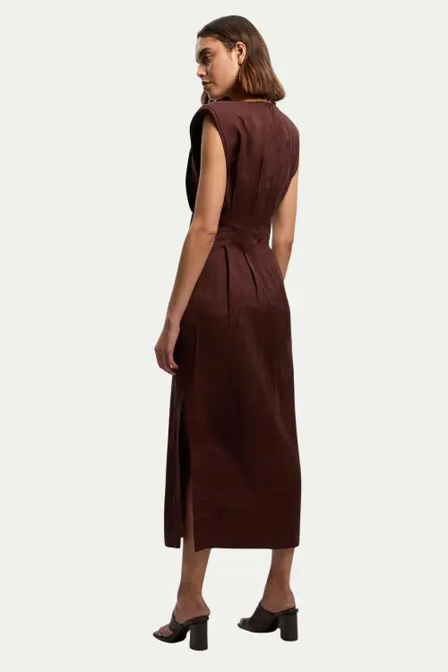 Karen Millen Linen Blend Pintuck Midi Dress - Chocolate