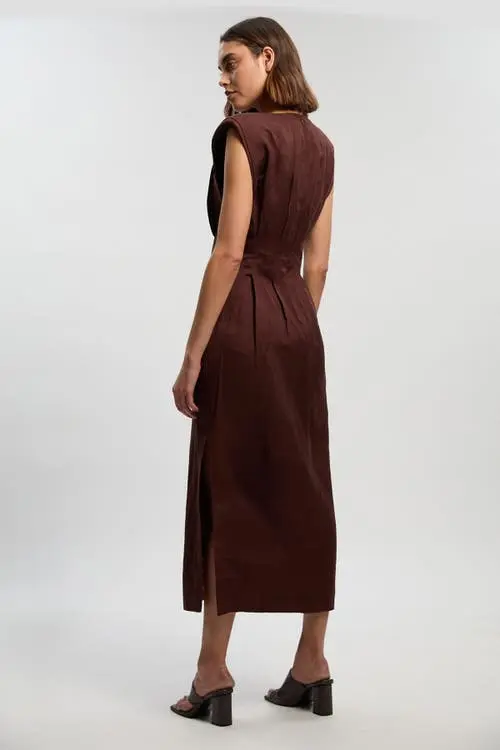 Karen Millen Linen Blend Pintuck Midi Dress - Chocolate