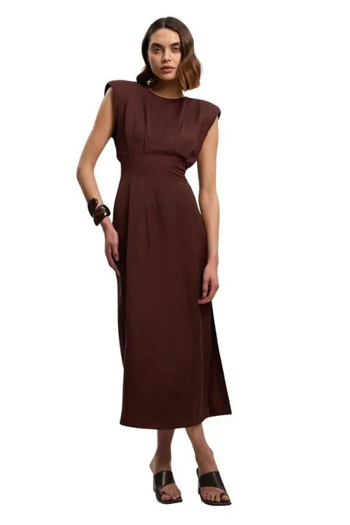 Karen Millen Linen Blend Pintuck Midi Dress - Chocolate