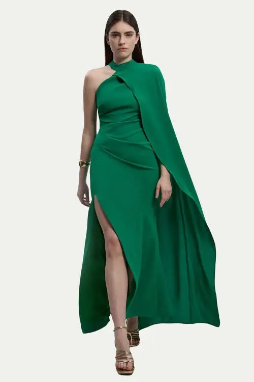 Karen Millen One Shoulder Cape Sleeve Maxi Dress - Green