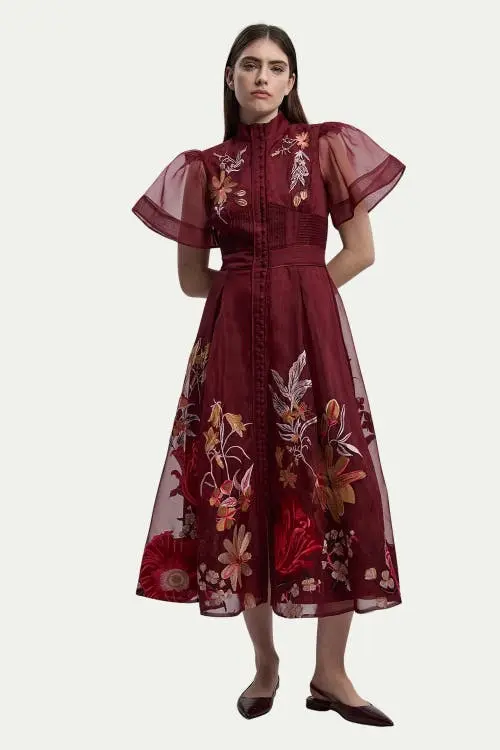 Karen Millen Embroidered Short Sleeve Midi Dress - Purple