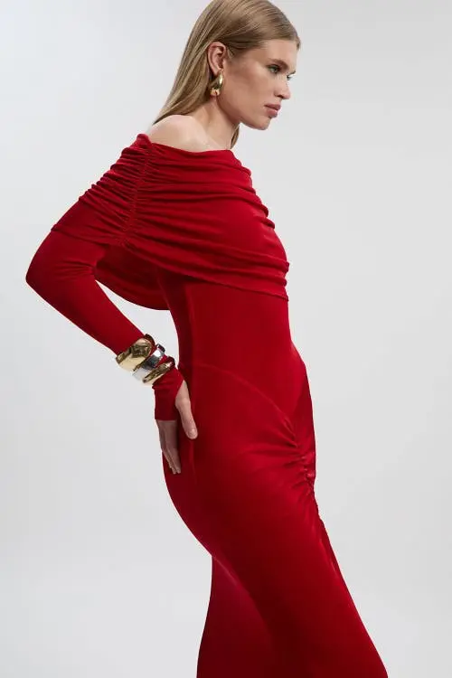 Karen Millen Ruched Off-shoulder Fishtail Maxi Dress