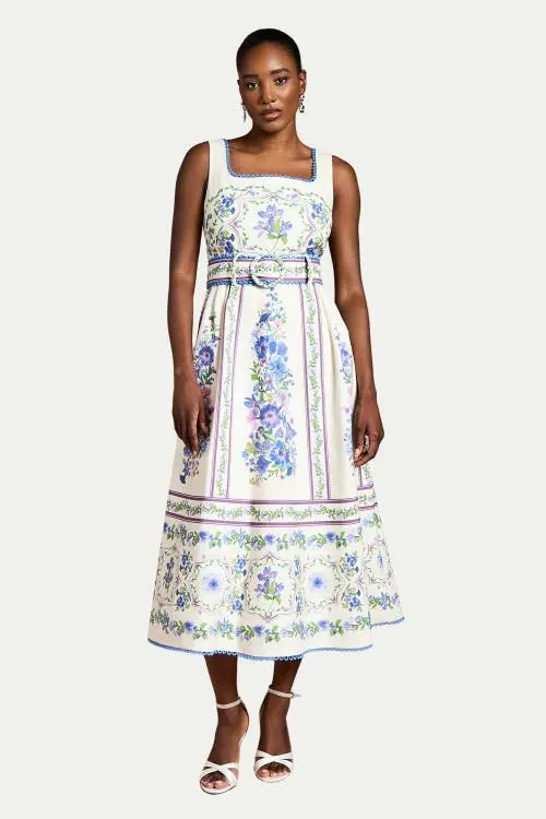 Coast Print Full Skirted Cotton Midi Dress - Ivory