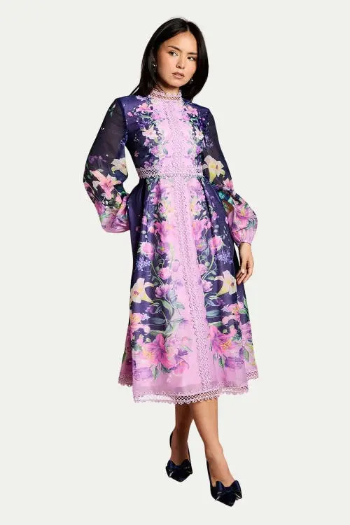 Coast Petite Organza Floral Lace Trim Midi Dress - Navy