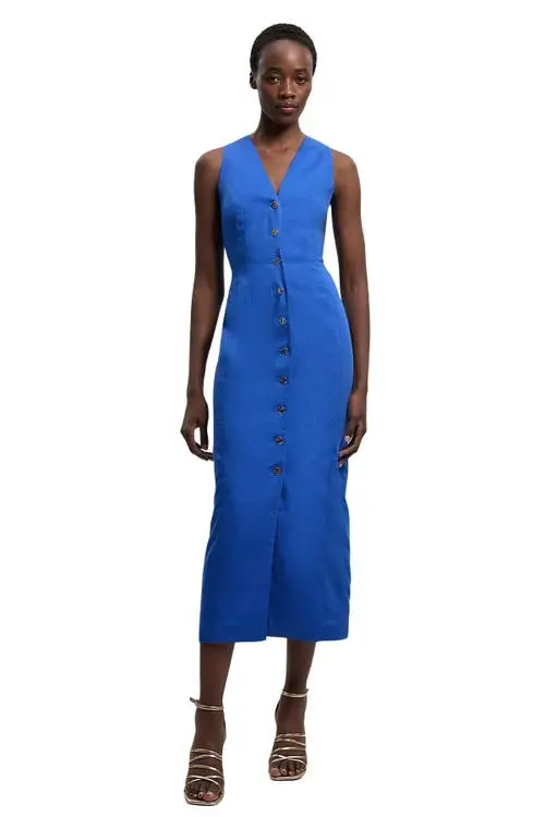 Karen Millen Tailored Linen Corset Back Midi Dress - Cobalt
