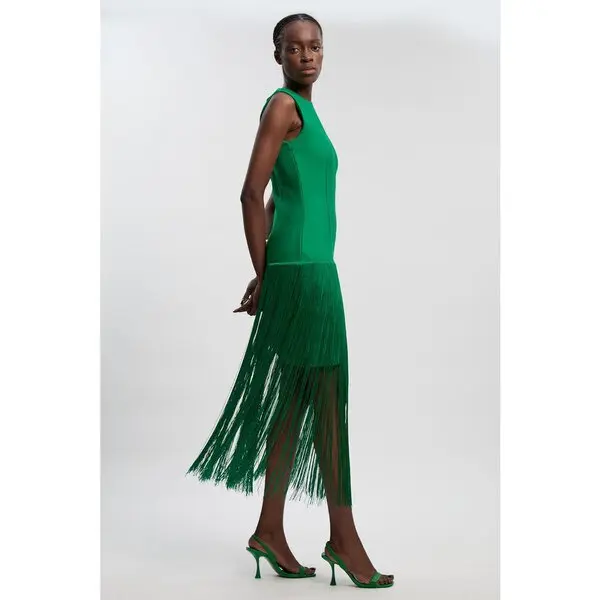 Karen Millen Form Fit Bandage Tassel Hem Mini Dress - Green