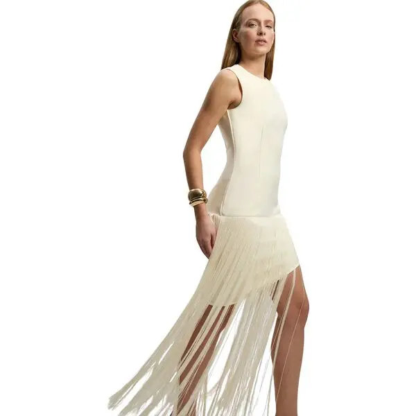 Karen Millen Form Fit Bandage Tassel Hem Mini Dress - Ivory