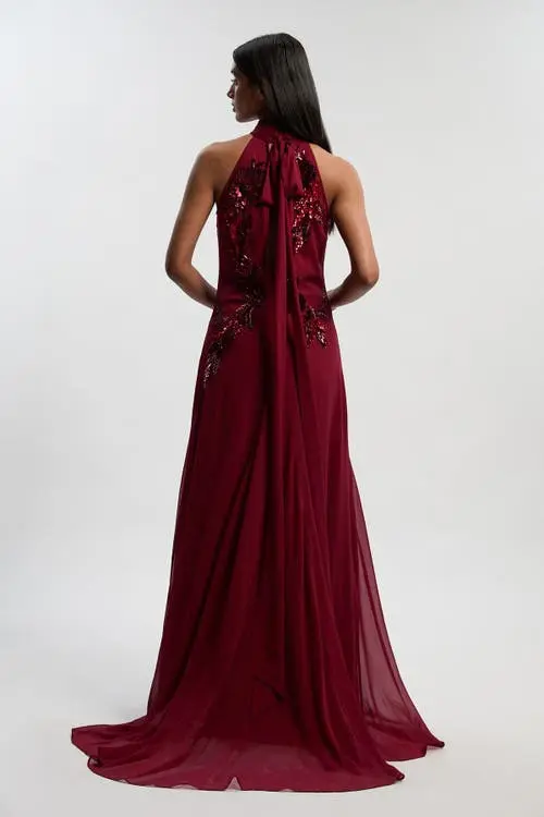 Karen Millen Petite Feather Embellished Halterneck Maxi Dress