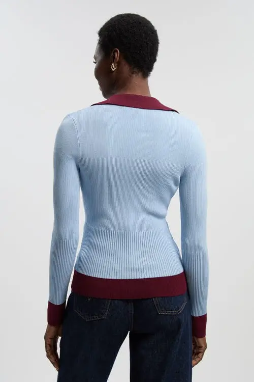Karen Millen Ribbed Knit Collared Top With Contrast Trim