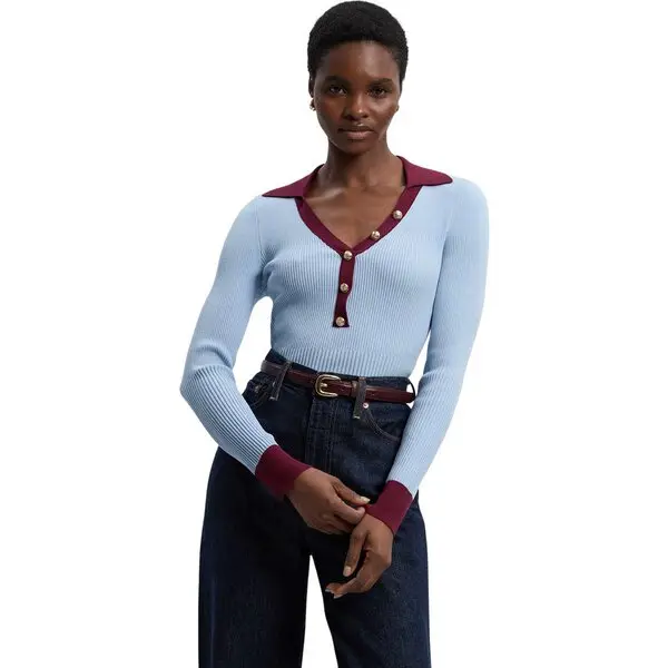 Karen Millen Ribbed Knit Collared Top With Contrast Trim - Light Blue