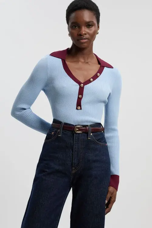 Karen Millen Ribbed Knit Collared Top With Contrast Trim