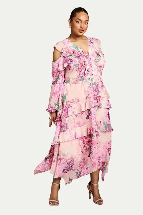 Coast Floral Print Cold Shoulder Tiered Ruffle Midi Dress - Pink