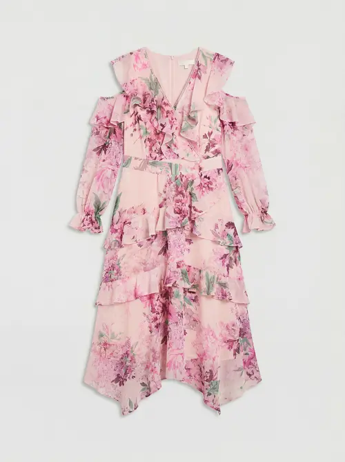 Coast Floral Print Cold Shoulder Tiered Ruffle Midi Dress