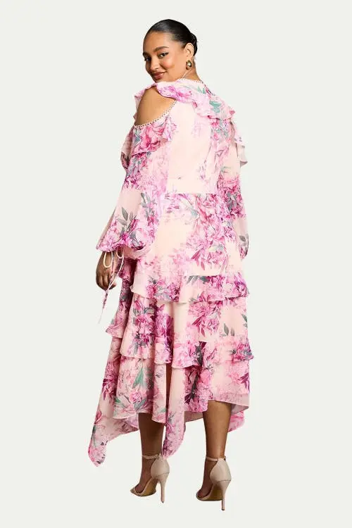 Coast Floral Print Cold Shoulder Tiered Ruffle Midi Dress