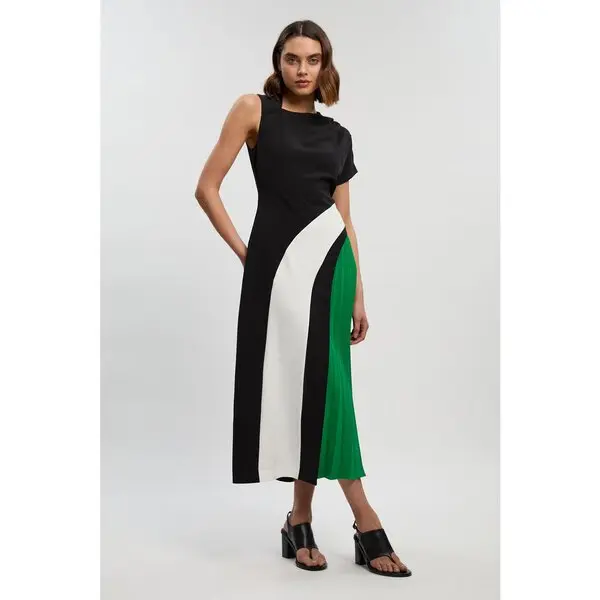 Karen Millen Colour Block Pleated Midi Dress - Mono