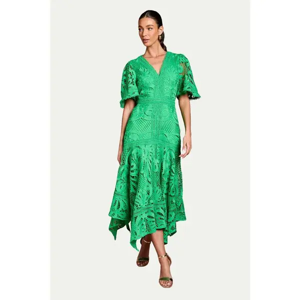 Coast Placement Lace Hanky Hem Dress - Green