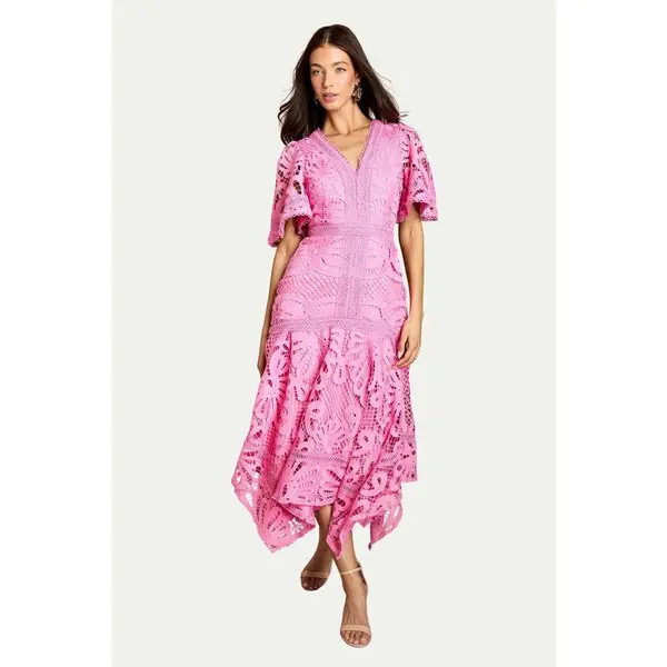 Coast Placement Lace Hanky Hem Dress - Pink