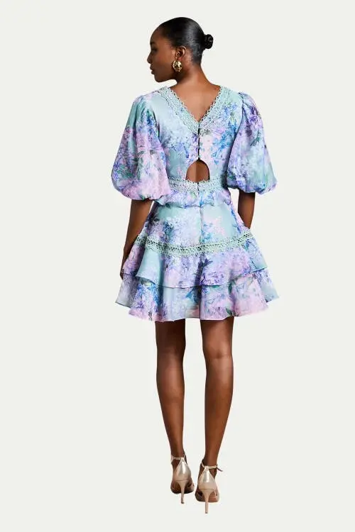 Coast Lace Trim Puff Sleeve Organza Mini Dress