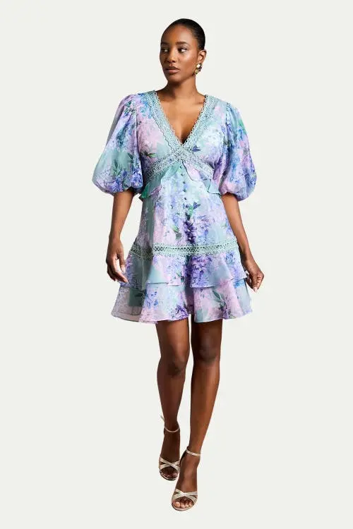 Coast Lace Trim Puff Sleeve Organza Mini Dress - Sage