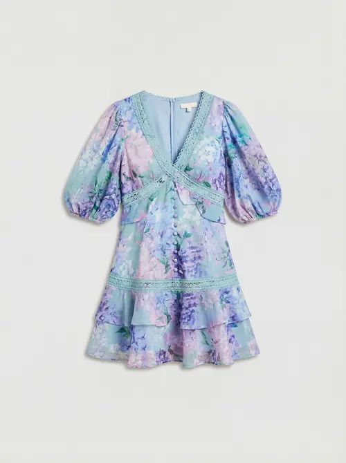 Coast Lace Trim Puff Sleeve Organza Mini Dress
