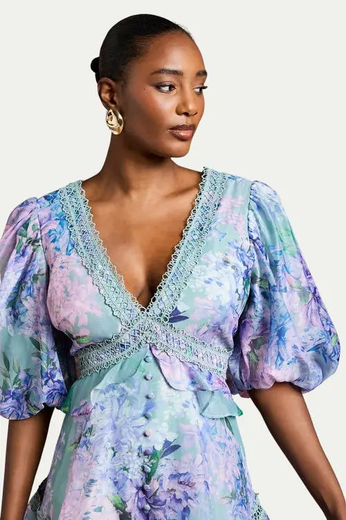 Coast Lace Trim Puff Sleeve Organza Mini Dress