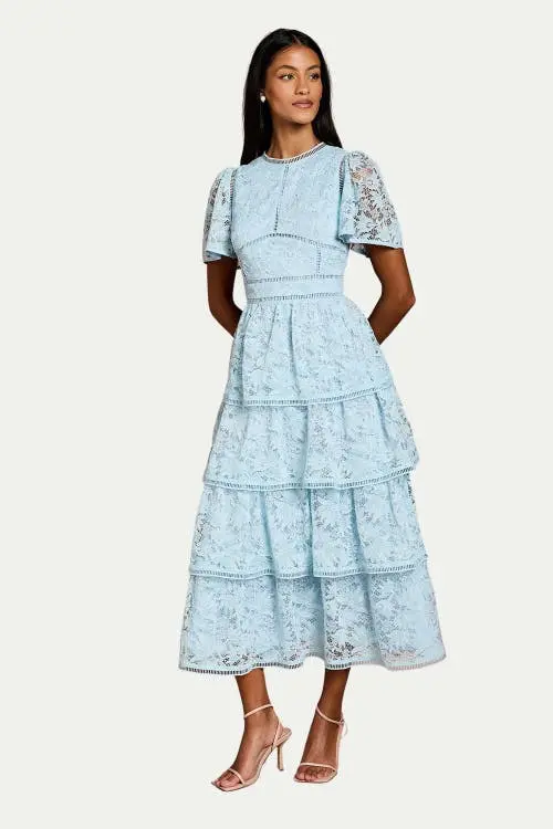 Coast Petite Flutter Sleeve Tiered Midi Dress - Pale Blue