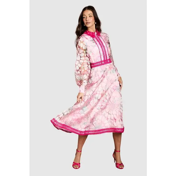 Coast Contrast Collar Lace Trim Midi Dress - Pink