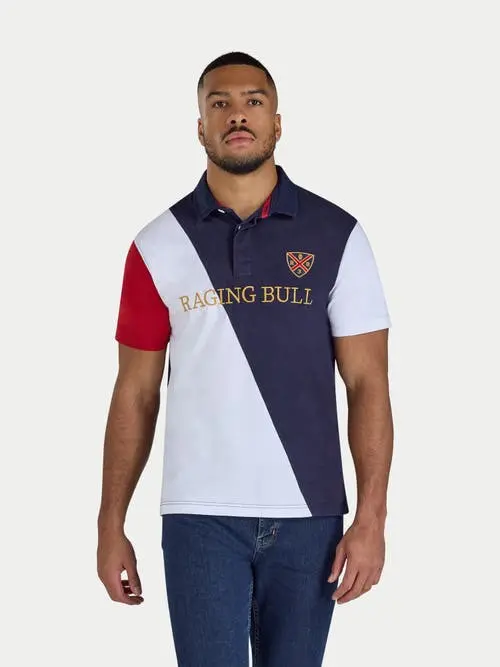 RAGING BULL Diagonal Panel Rugby Shirt - Navy