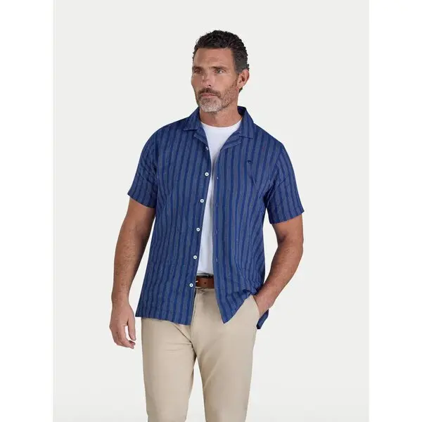 RAGING BULL Athen Stripe Linen Blend Shirt - Navy