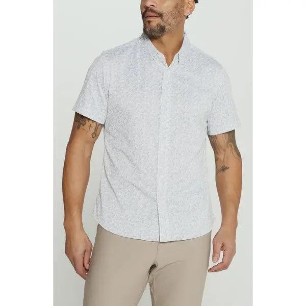 7 Diamonds The Wes Abstract Leaf Print Short Sleeve Stretch Button-up Shirt - Blue