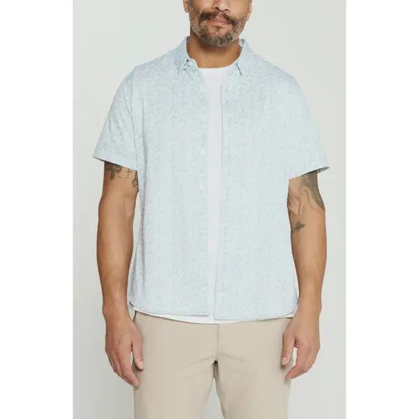 7 Diamonds The Wes Abstract Leaf Print Short Sleeve Stretch Button-up Shirt - Green