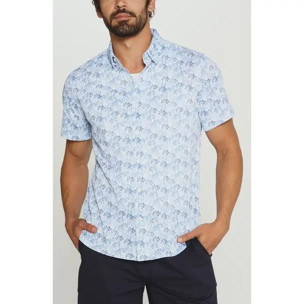7 Diamonds Palmline Tree Print Short Sleeve Stretch Button-up Shirt - Light Blue