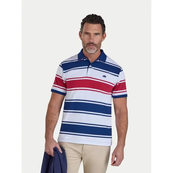 RAGING BULL Wide Stripe Jersey Polo Shirt - Navy