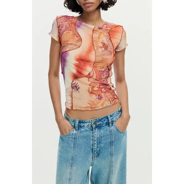 Desigual Print Mesh Crop Top - Orange Multi