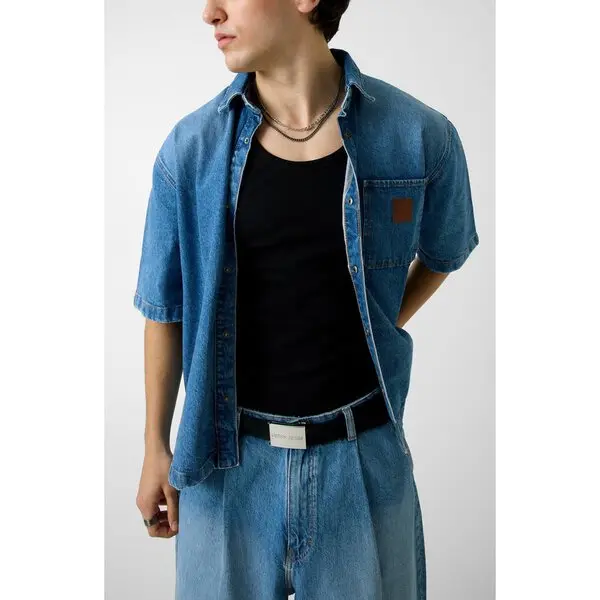 Guess Oversize Crop Stretch Cotton Denim Shirt - Gclm-open