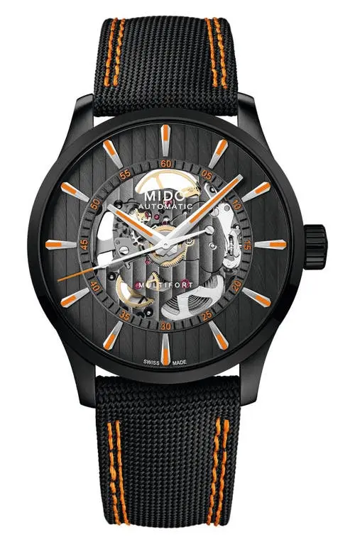 MIDO Multifort Vertigo Skeleton Automatic Watch With Webbing Strap - Black