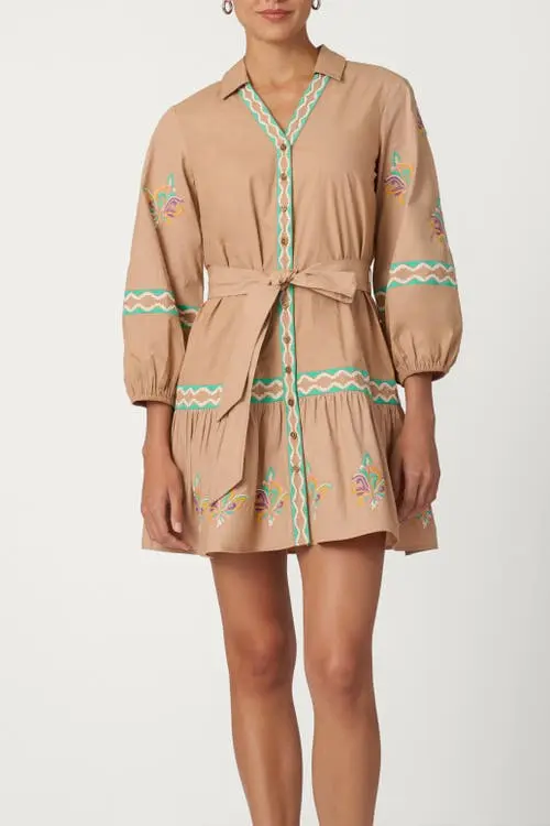 Shoshanna Camden Embroidery Ellery Mini Dress - Khaki