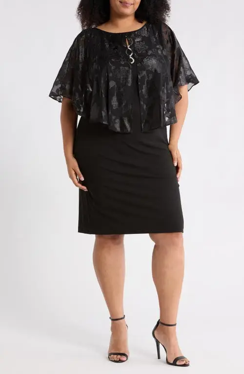 CONNECTED APPAREL Metallic Burnout Jacquard Cape Cocktail Dress - Black