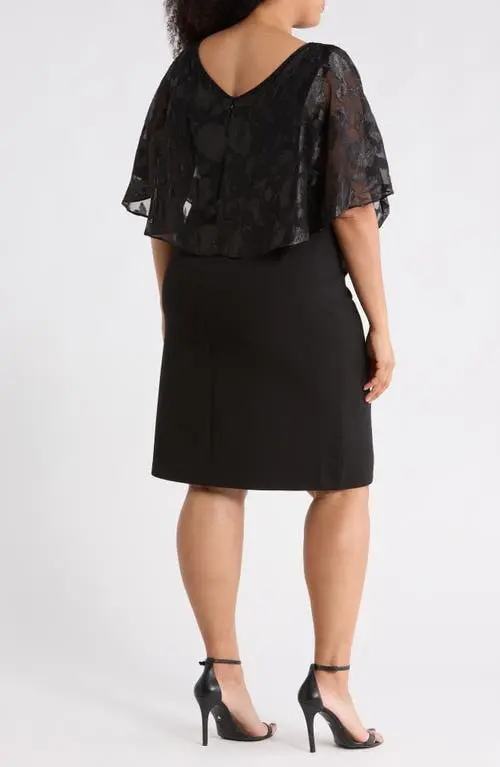 CONNECTED APPAREL Metallic Burnout Jacquard Cape Cocktail Dress
