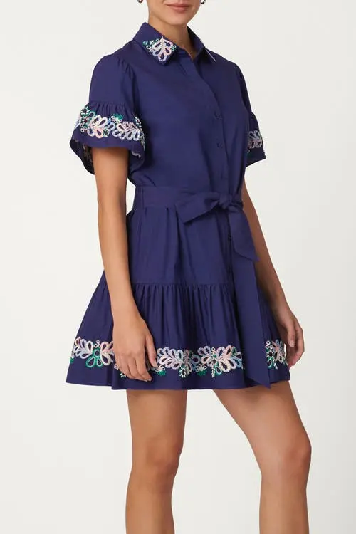 Shoshanna Beaded Cotton Poplin Lima Dress - Navy