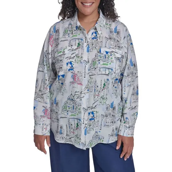 Karl Lagerfeld Paris Oversize Printed Button-up Shirt - Soft White Multi