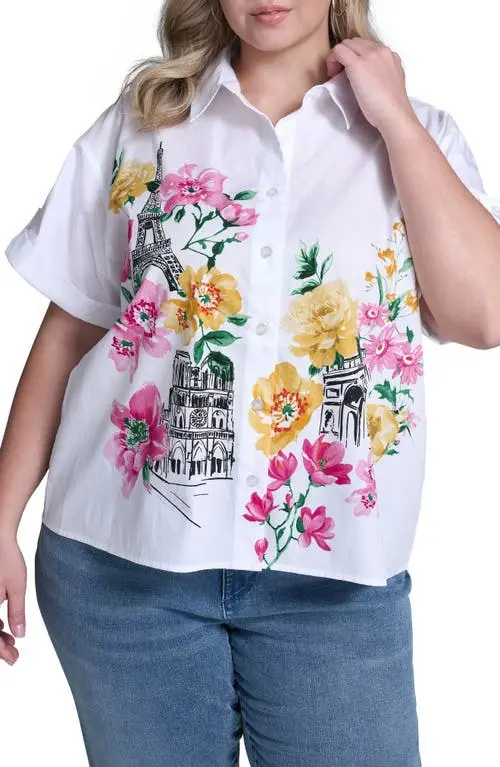 Karl Lagerfeld Paris Floral Placement Cotton Poplin Button-up Shirt - White